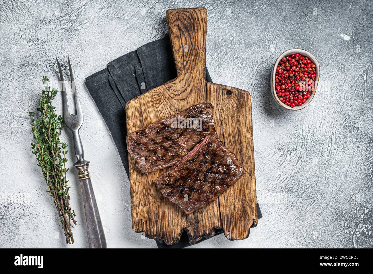 Prime Black Angus Grilled Skirt steak, beef meat. White background. Top ...