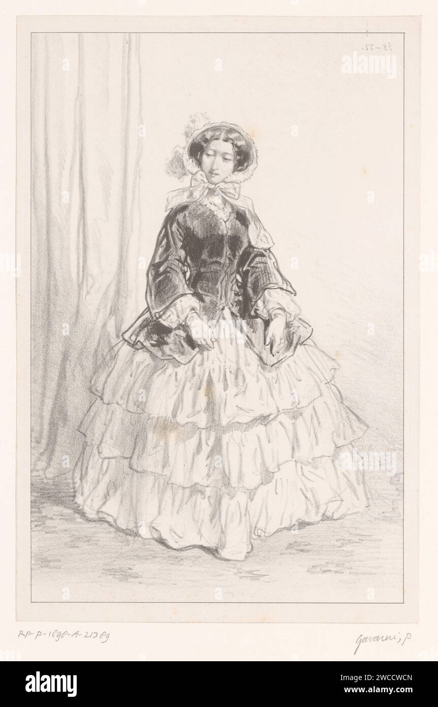 Standing woman with hat and wide skirt, Paul Gavarni, 1857 - 1858 print ...