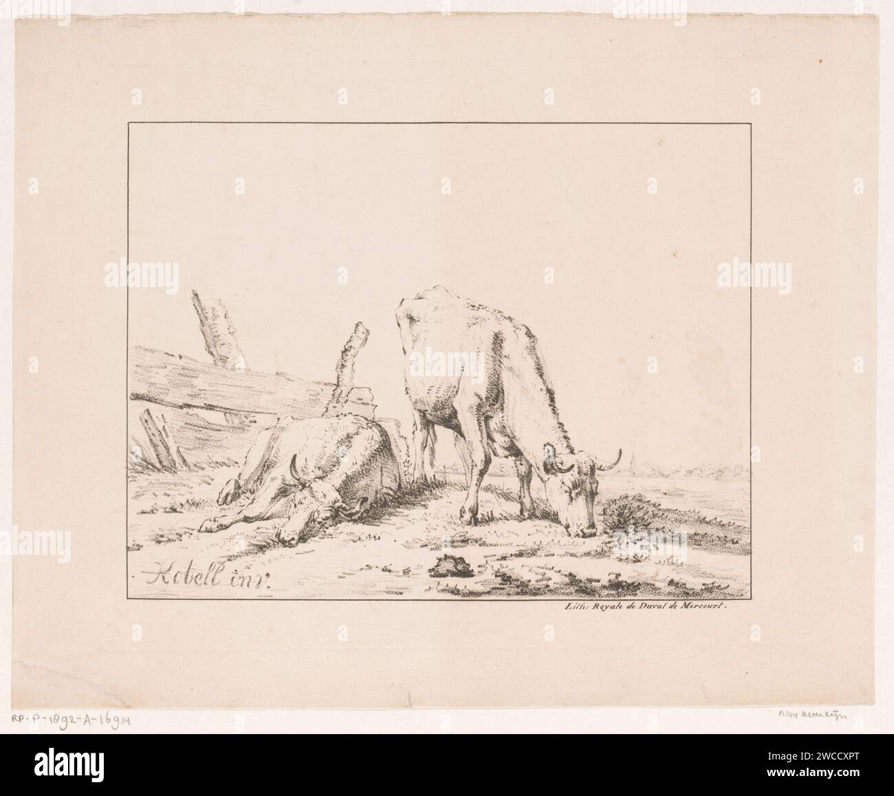 Two cows in a meadow near a fence, Jan Kobell (I), 1818 - 1819 print ...