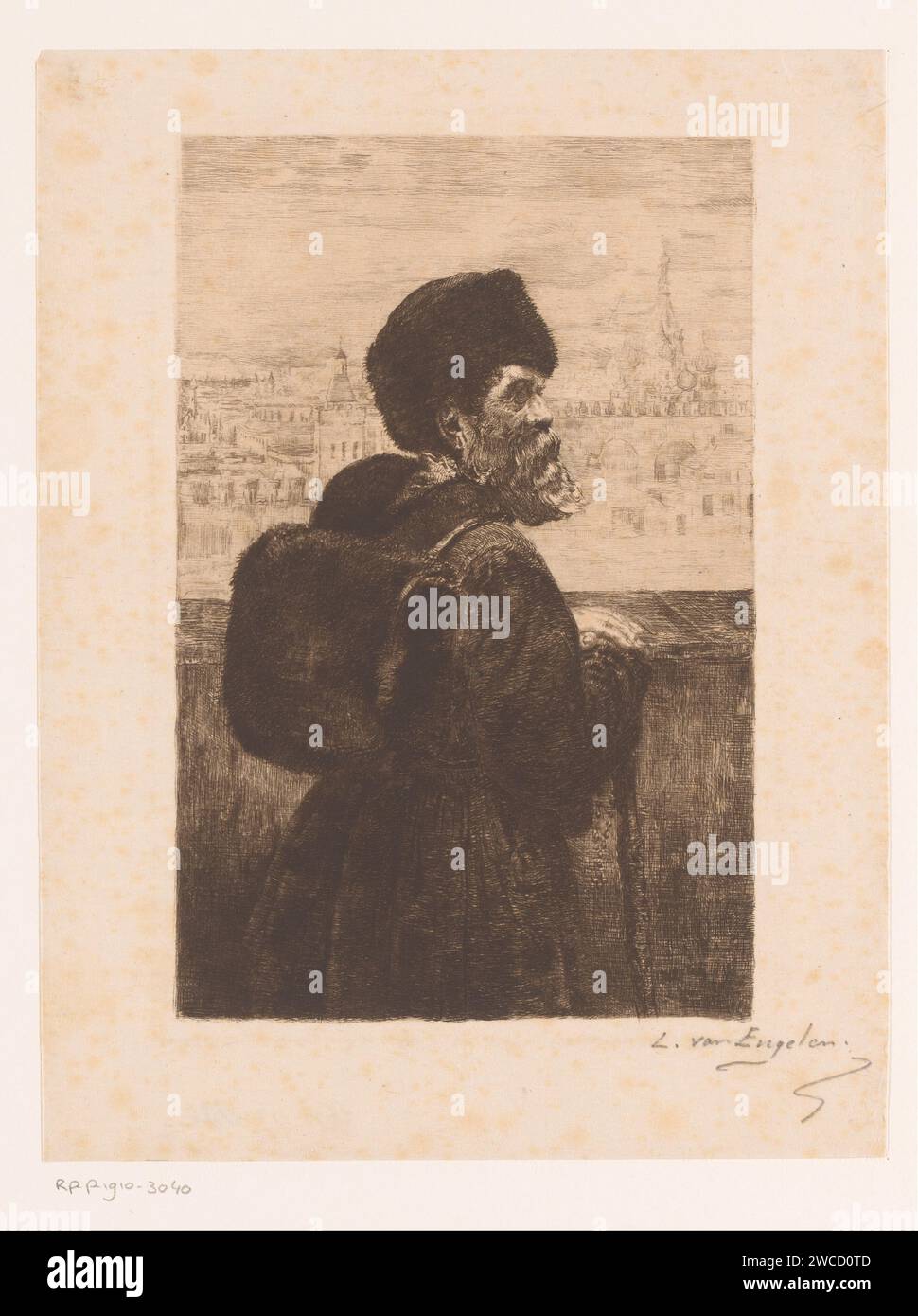 Russian man with walking stick and Moscow in the background, Louis van ...