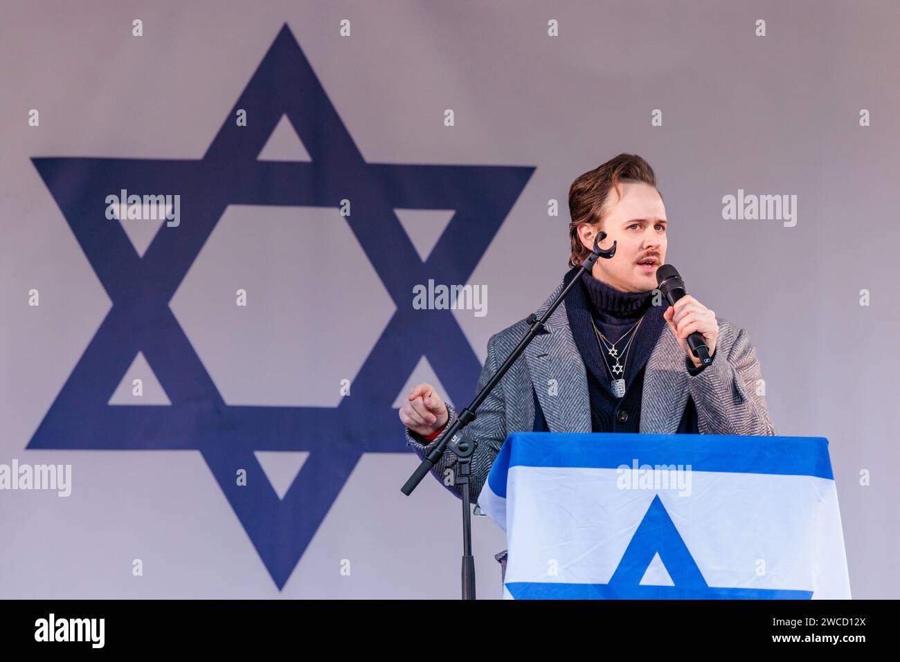 Trafalgar Square, London, UK. 14th January 2024. Ben M. Freeman, makes ...