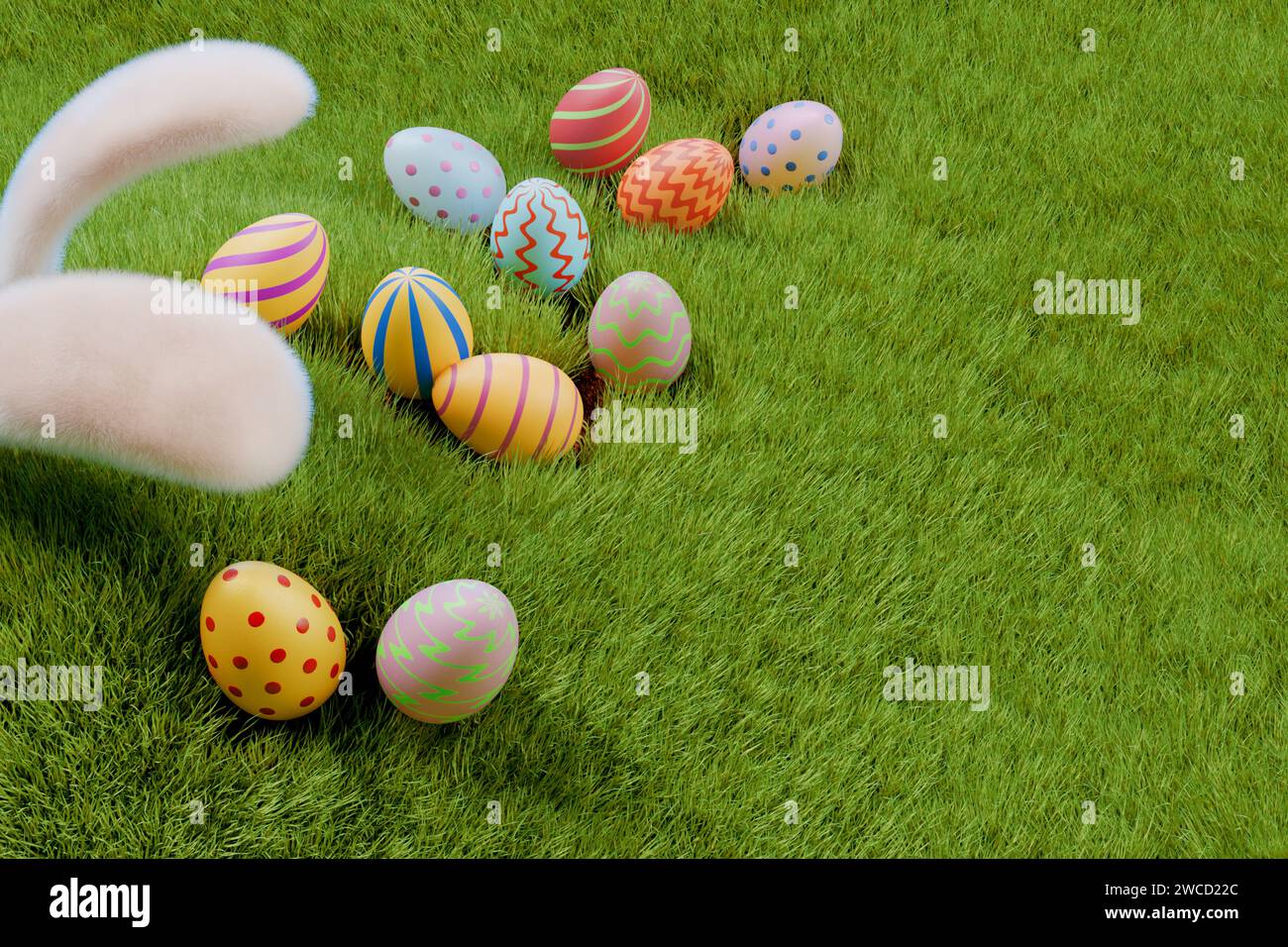 A rabbit hunts for Easter eggs in a meadow in the grass. Top view 3D ...