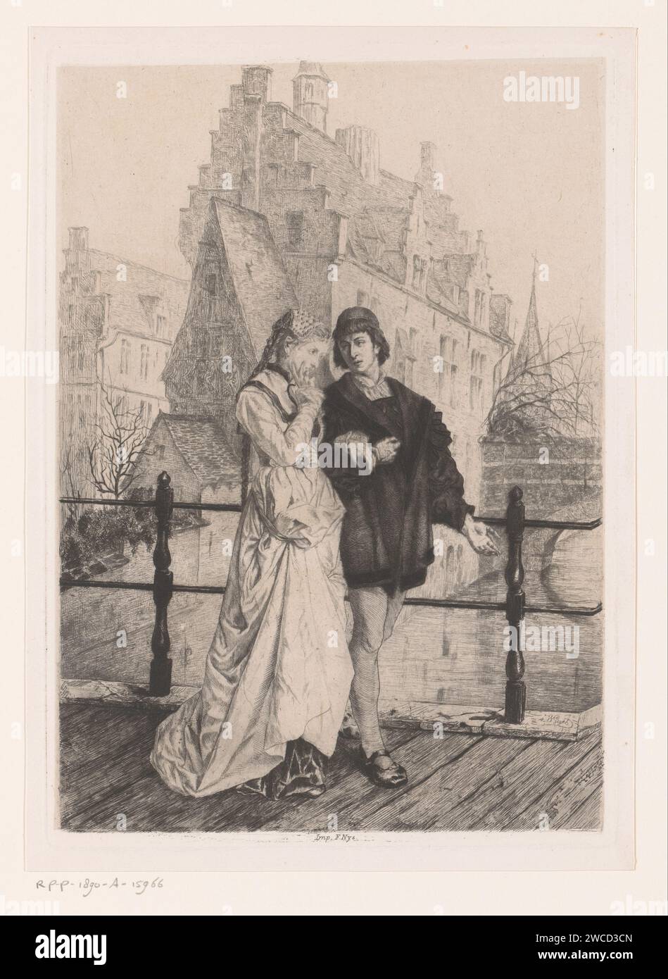 Young couple walks arm in arm over a bridge, Willem Geets, 1875 print ...