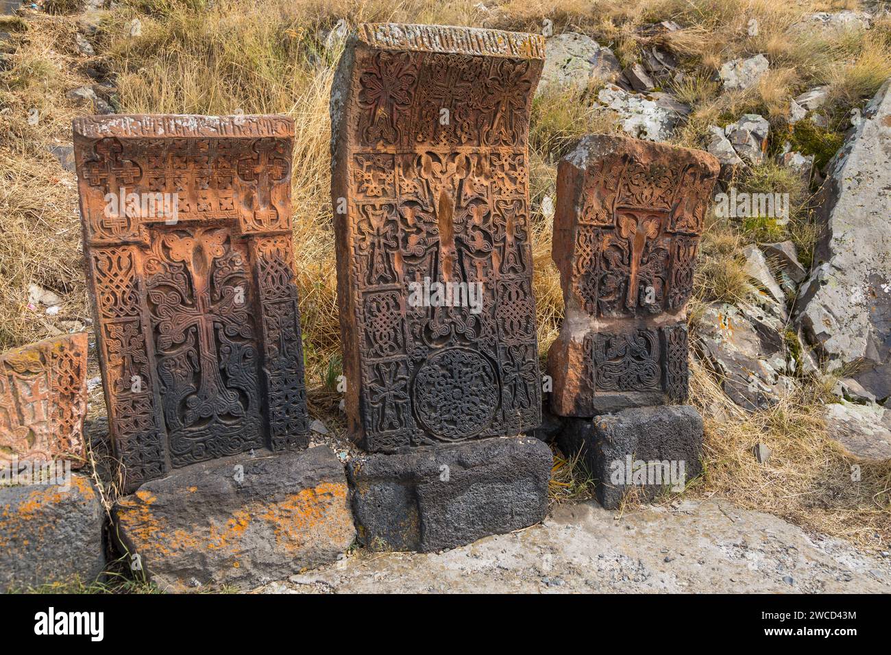 Old Armenian khachkar cross stone in Sevanavank. Carved, memorial stele ...