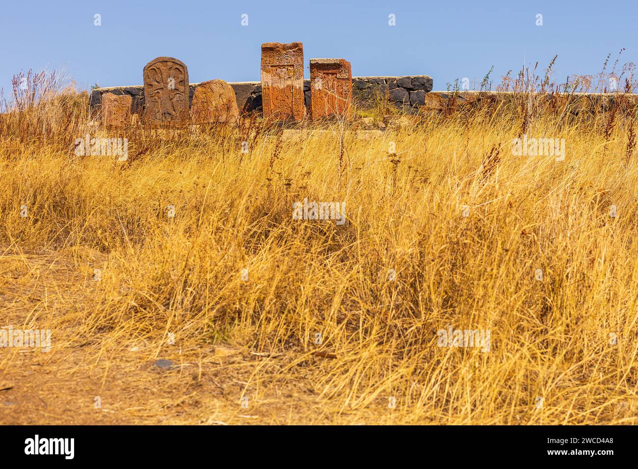Old Armenian khachkar cross stone in Sevanavank. Carved, memorial stele ...
