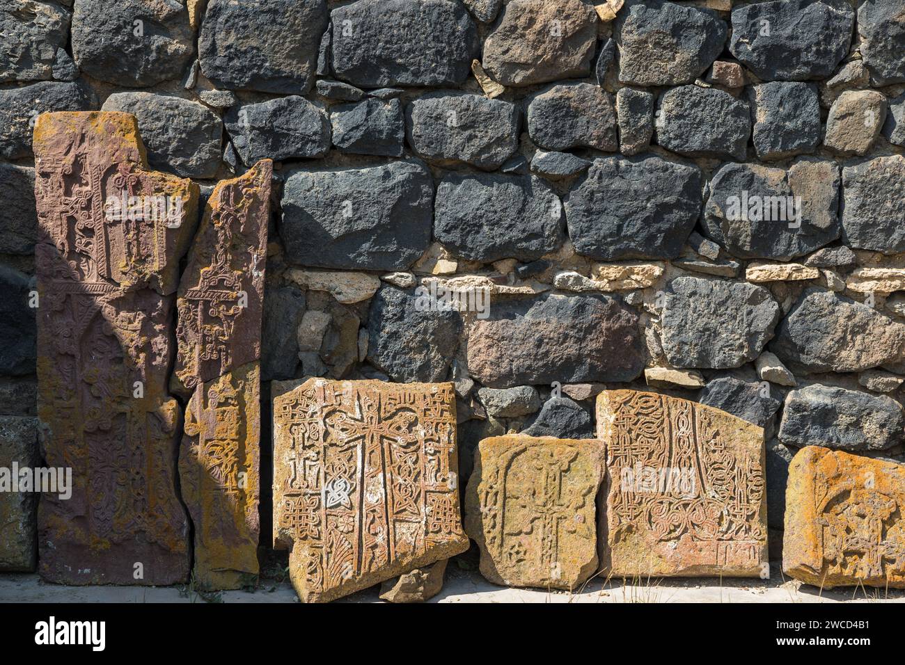 Old Armenian khachkar cross stone in Sevanavank. Carved, memorial stele ...