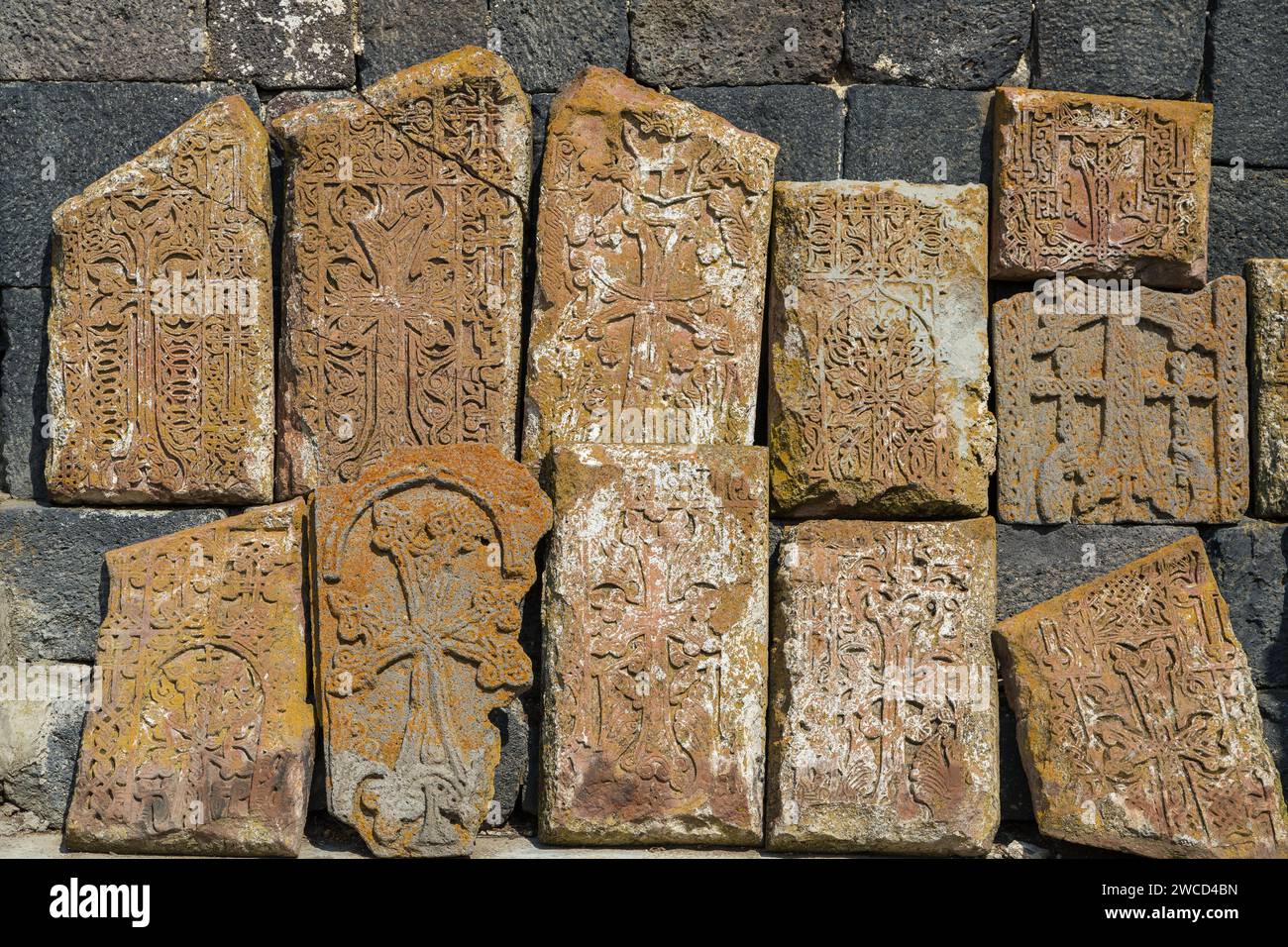 Old Armenian khachkar cross stone in Sevanavank. Carved, memorial stele ...