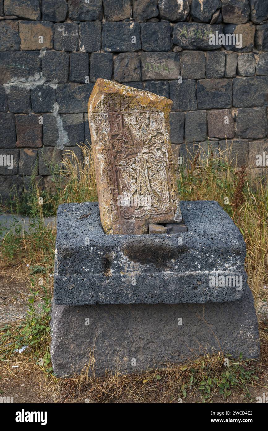 Old Armenian khachkar cross stone in Sevanavank. Carved, memorial stele ...