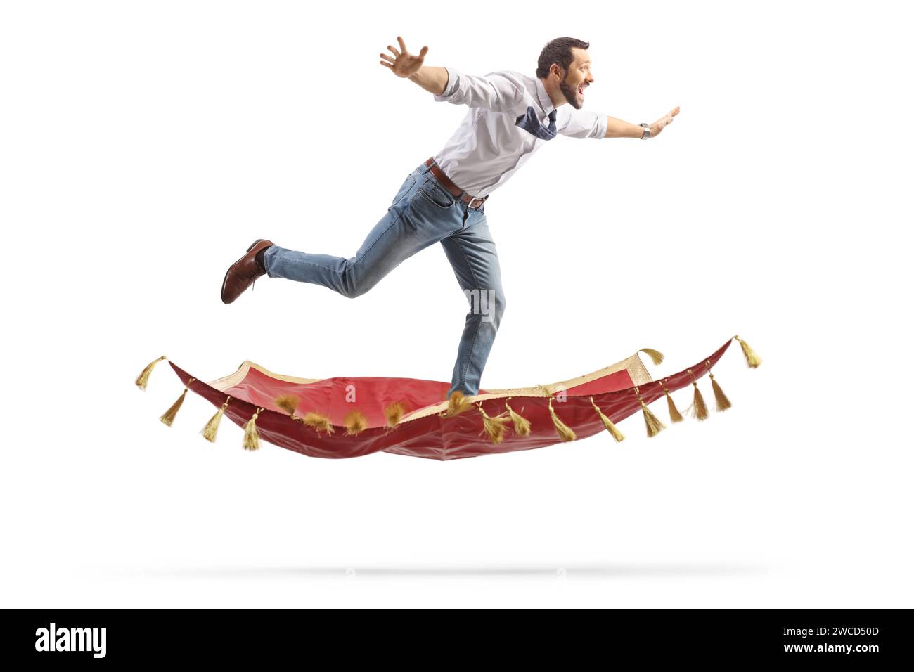 Young professional man standing on a magic carpet isolated on white ...