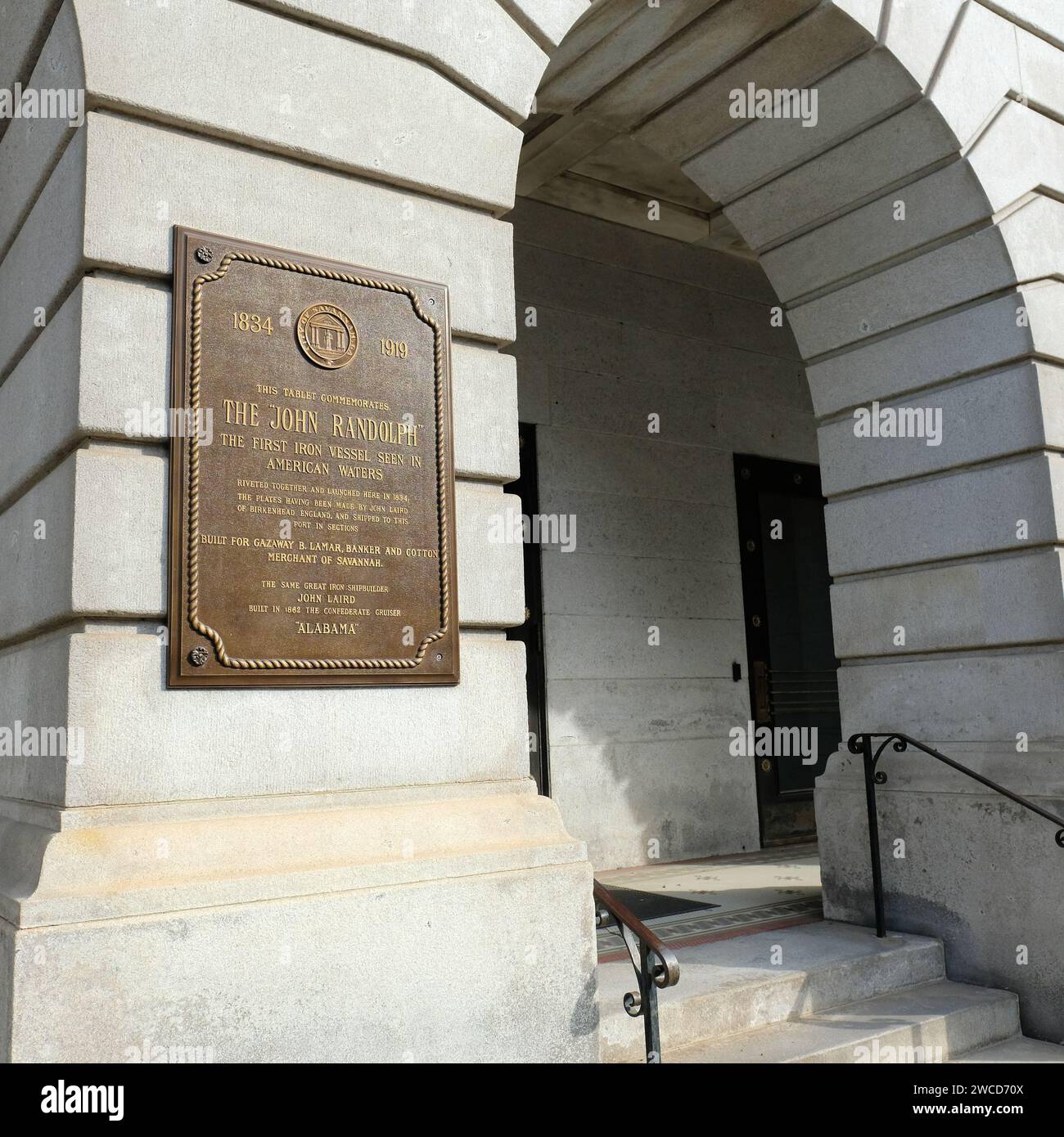 Brass plaque on the steps of the Savannah, Georgia city hall ...
