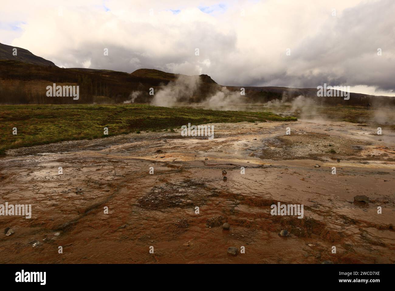 The Geysir geothermal field is a collection of hot springs, a dome and ...