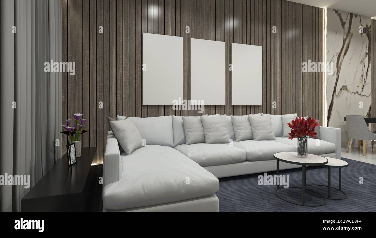 Suite Interior Living Room Design with Luxury Sofa and Wooden Panel ...