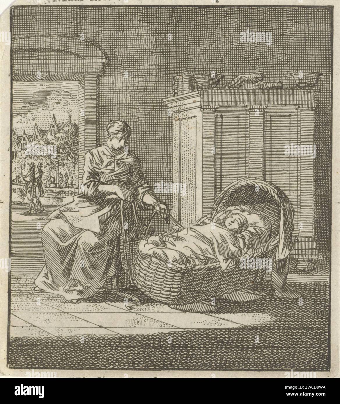 Mother fluctuates her child in a cradle asleep, Jan Luyken, 1712 print ...