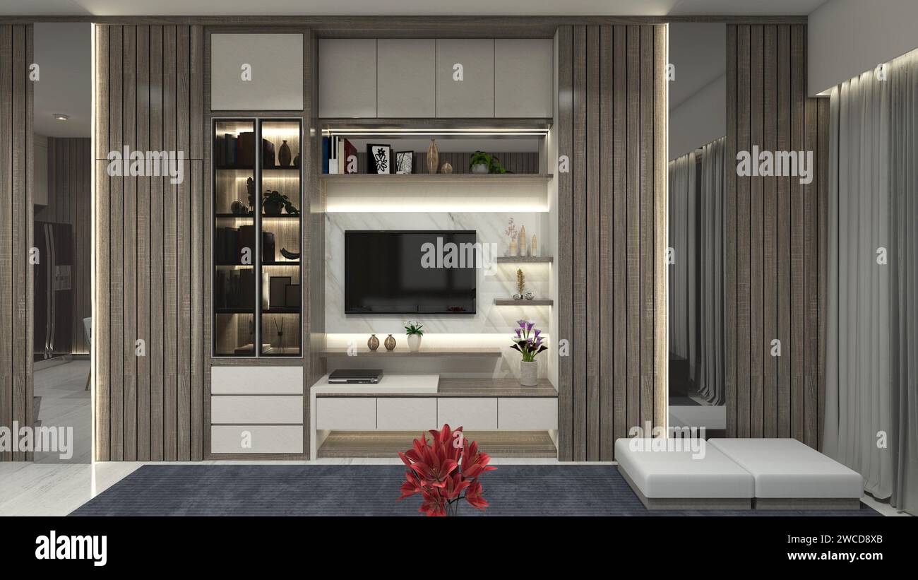 Modern Tv Cabinet Design with Showcase Display and Wall Paneling Stock ...