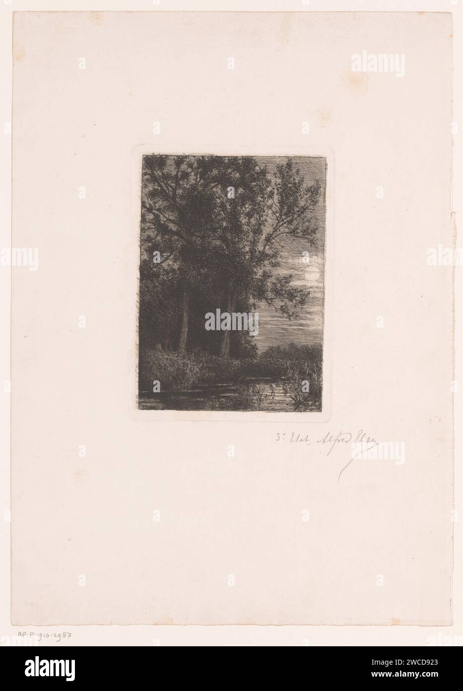 Landscape with trees on the water in Moonlight, Alfred Elsen, 1860 ...