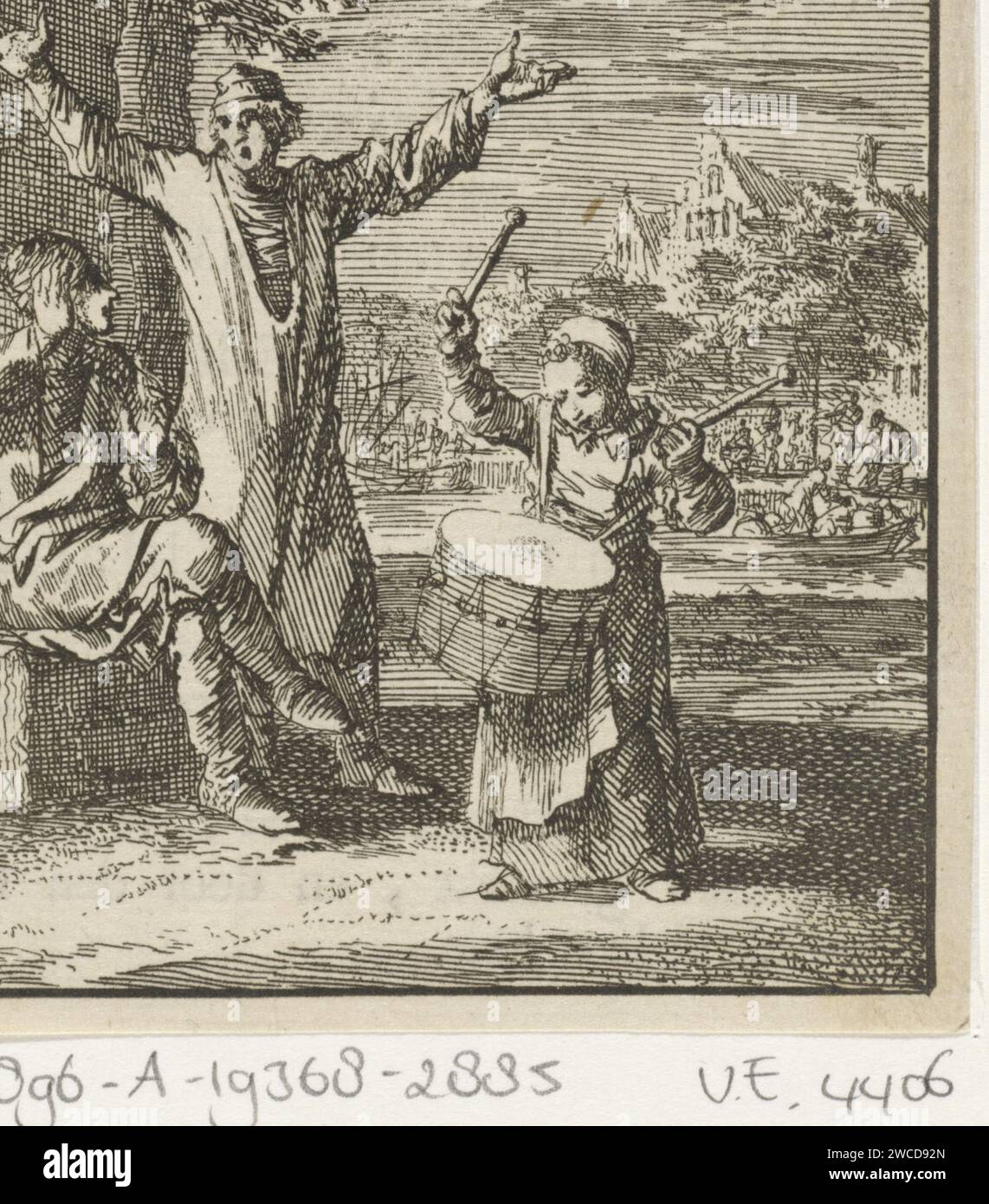 Child hits a drum with sticks, Jan Luyken, 1712 print Amsterdam paper etching / letterpress ...