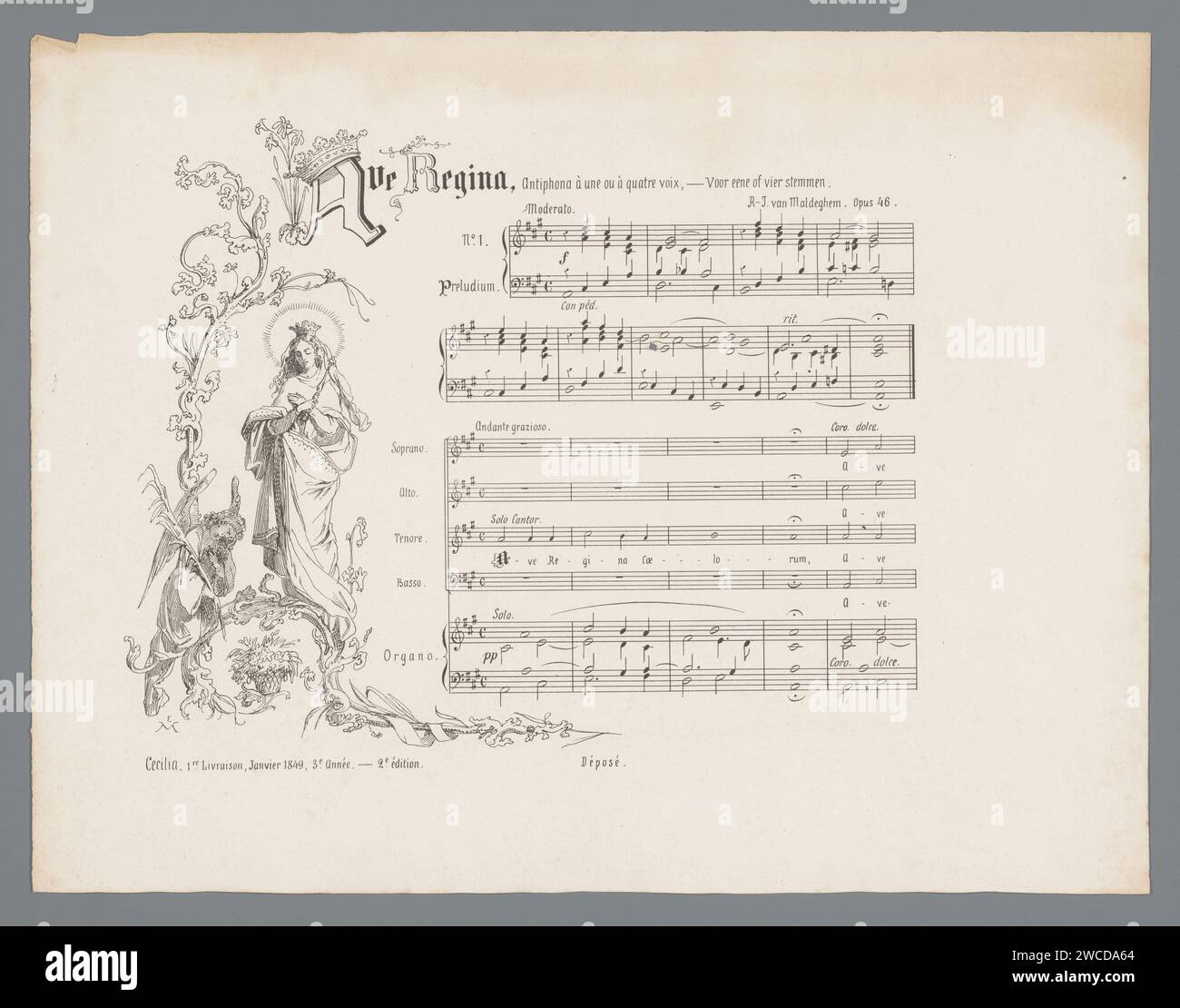 Engel kneels for Maria, Eugène van Maldeghem, 1849 print paper notation ...