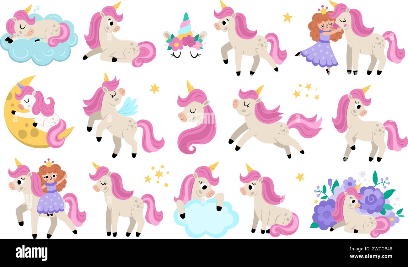 Vector unicorn set. Fantasy animal collection with yellow horn and pink ...