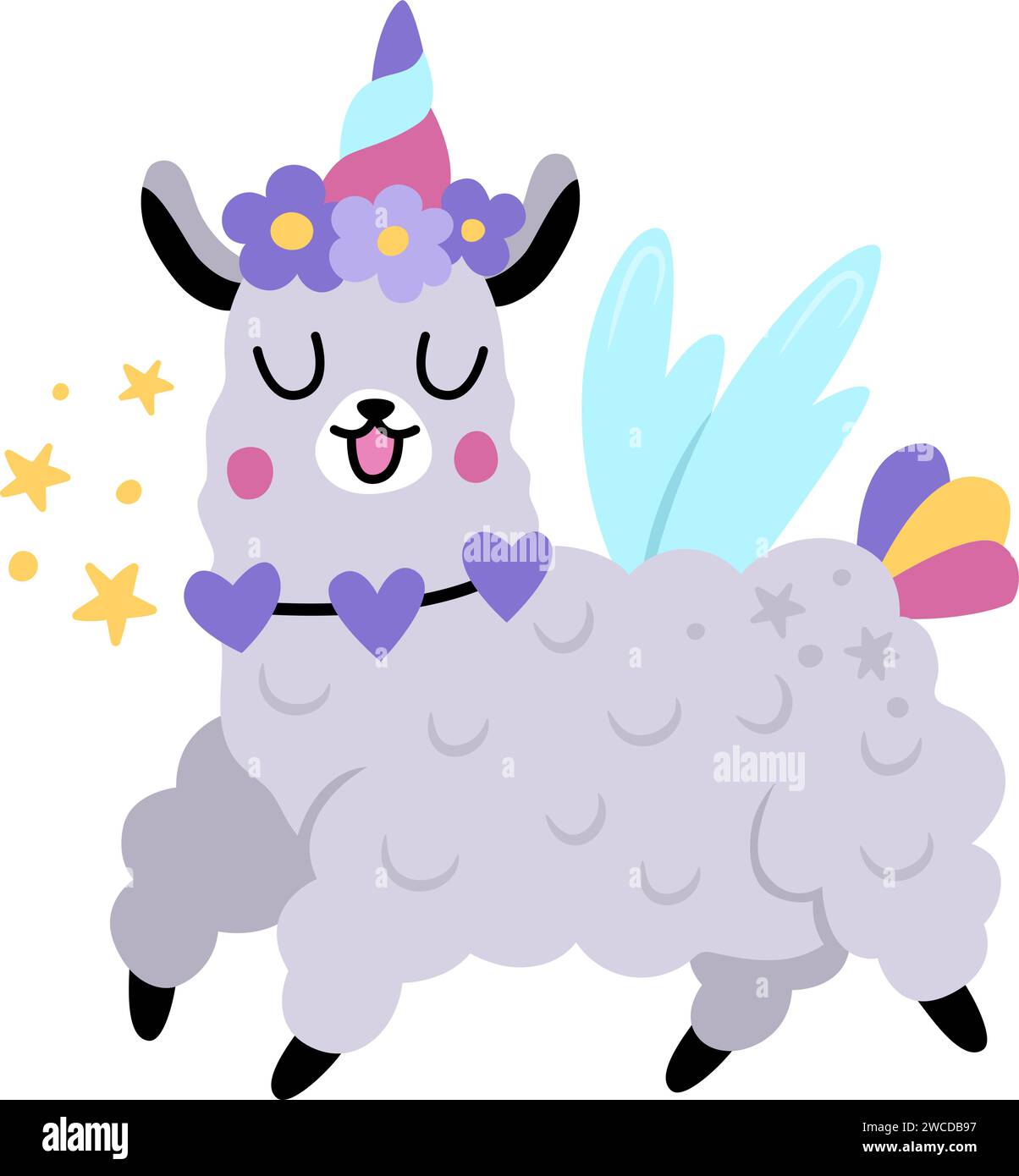 Vector happy llama unicorn. Fantasy animal with rainbow horn and tail ...