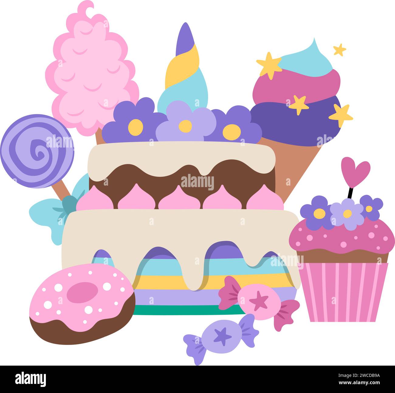 Vector composition with rainbow colored sweets. Cute cake, ice cream ...