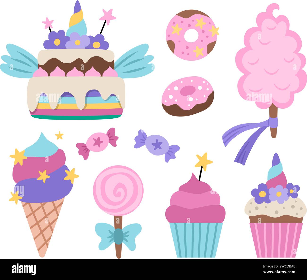 Vector sweets set. Cute rainbow colored cake, ice cream, lollypop ...