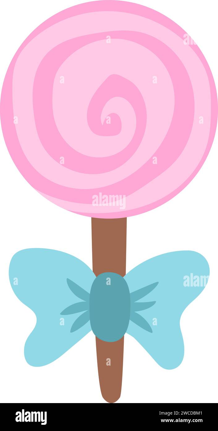 Vector pink lollypop on stick decorated with blue bow. Fairytale themed ...