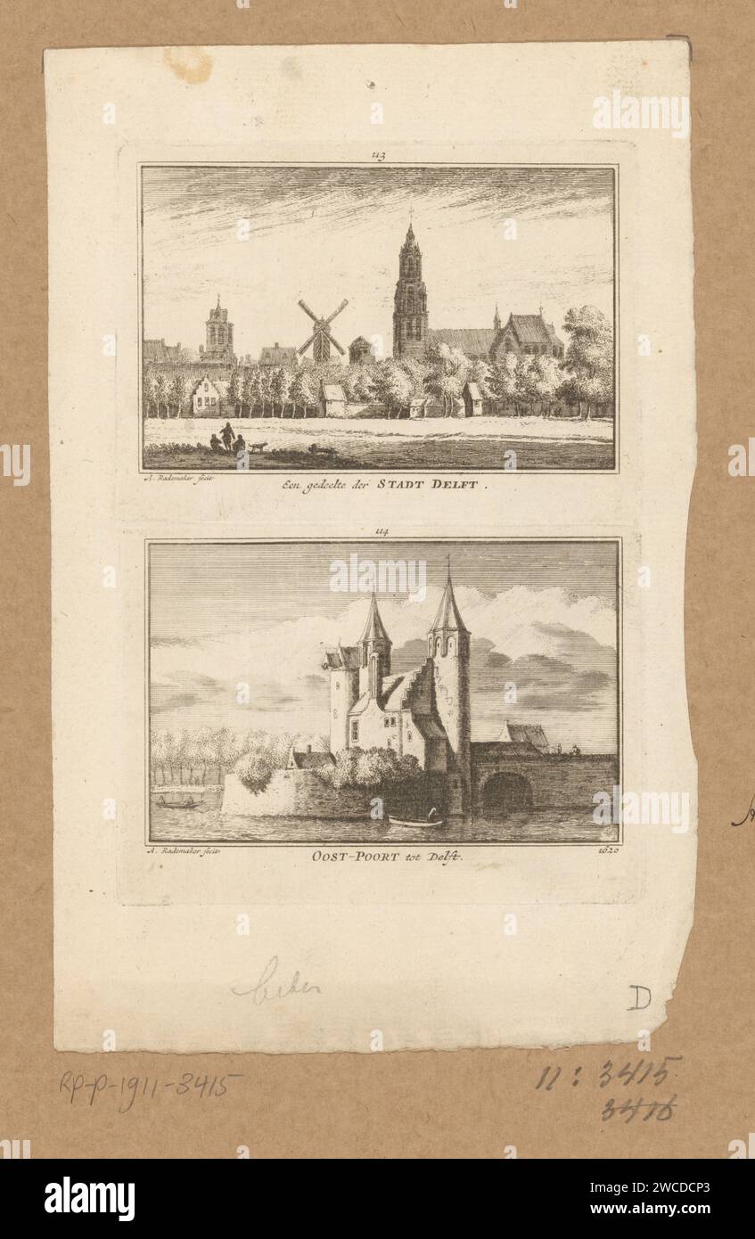 Two cityscapes in Delft, with the Nieuwe Kerk and the Oostpoort ...