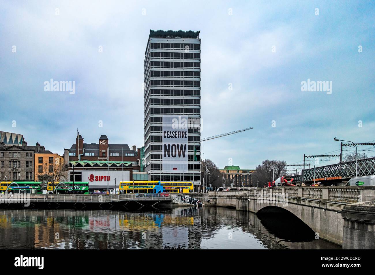 Ceasefire Now, a banner on Liberty Hall, Dublin, referring to the ...