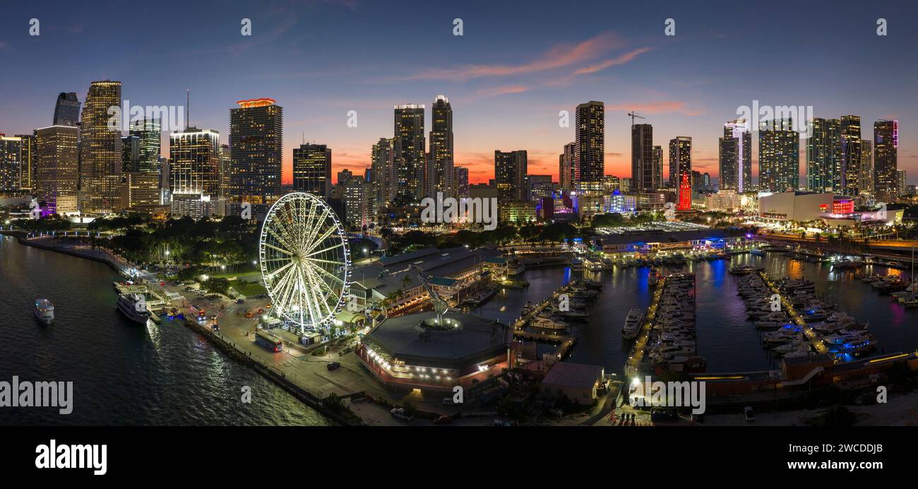 American urban landscape at night. Miami marina and Skyviews ...