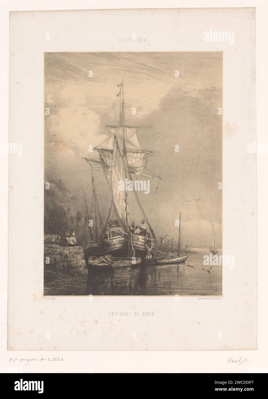Ship with sloops on the quay in the area of Rouen, Paul Huet, 1832 ...