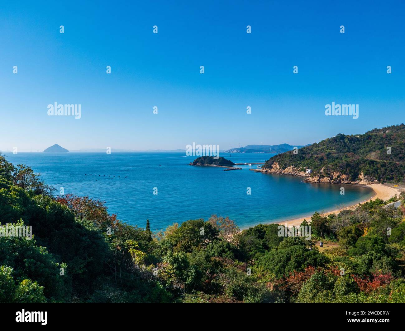 Panoramic view over the coastline with beach of Naoshima Island in the ...