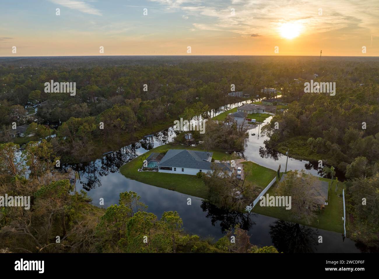 Consequences of natural disaster. Heavy flood with high water ...