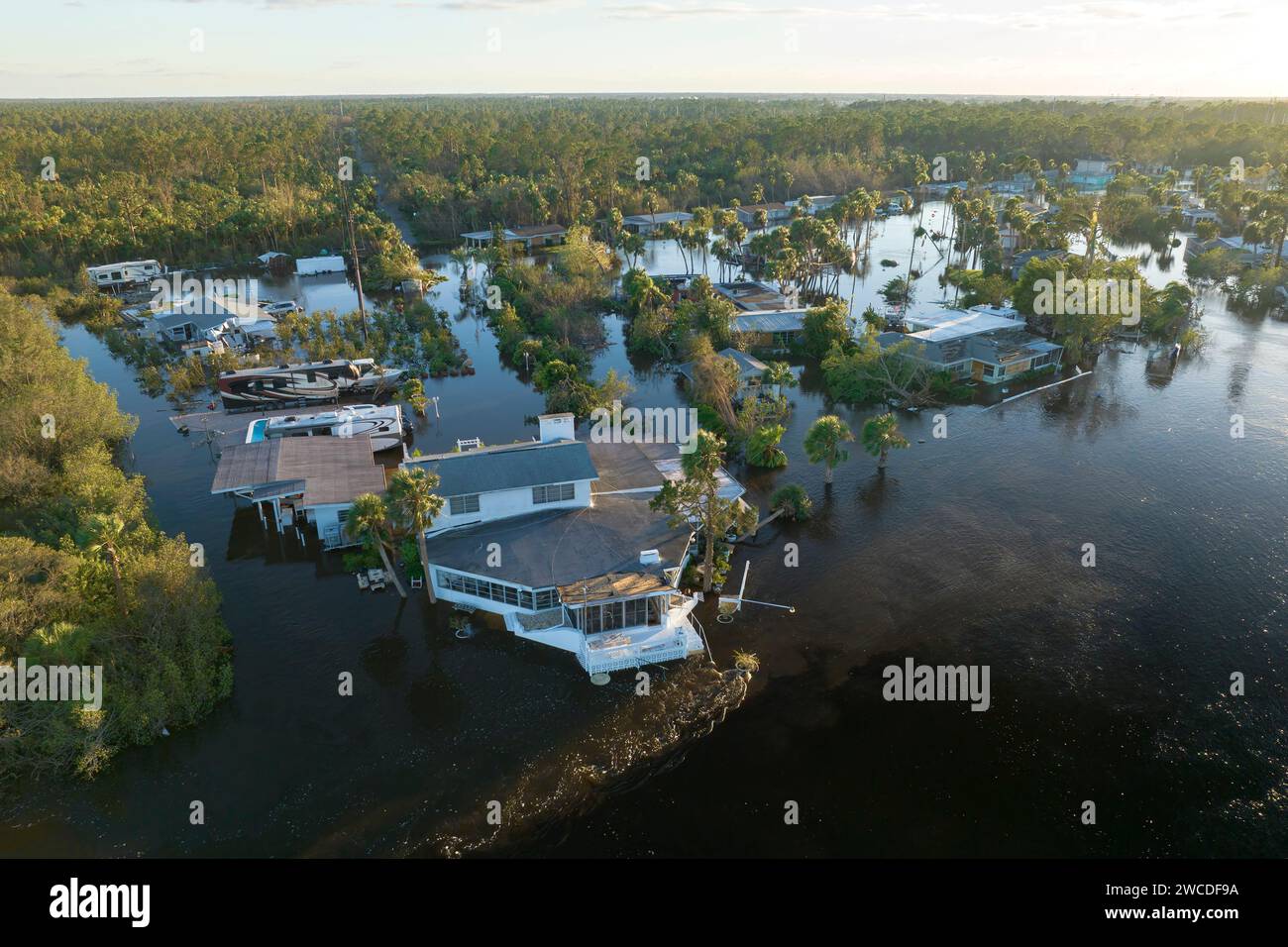 Consequences of natural disaster. Heavy flood with high water ...