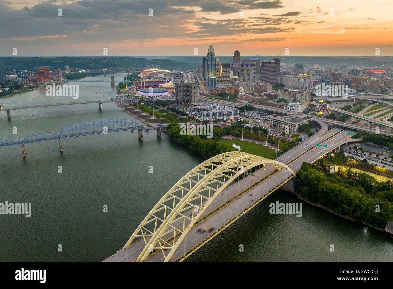 Downtown district of Cincinnati city in Ohio, USA at sunset with ...
