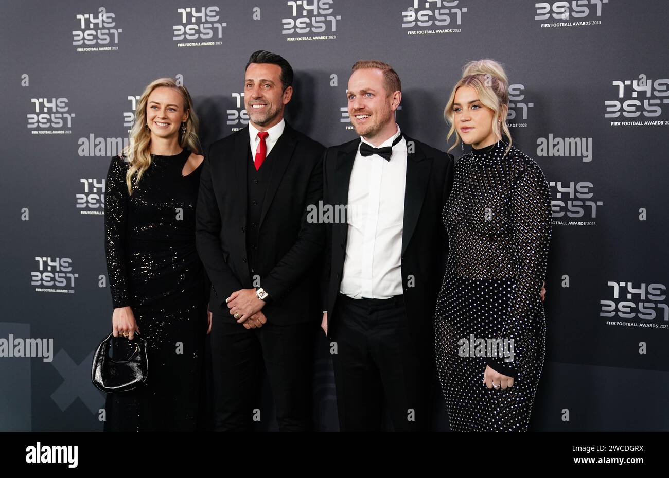 Edu (second left), Jonas Eidevall and Alessa Russo (right) arriving for ...