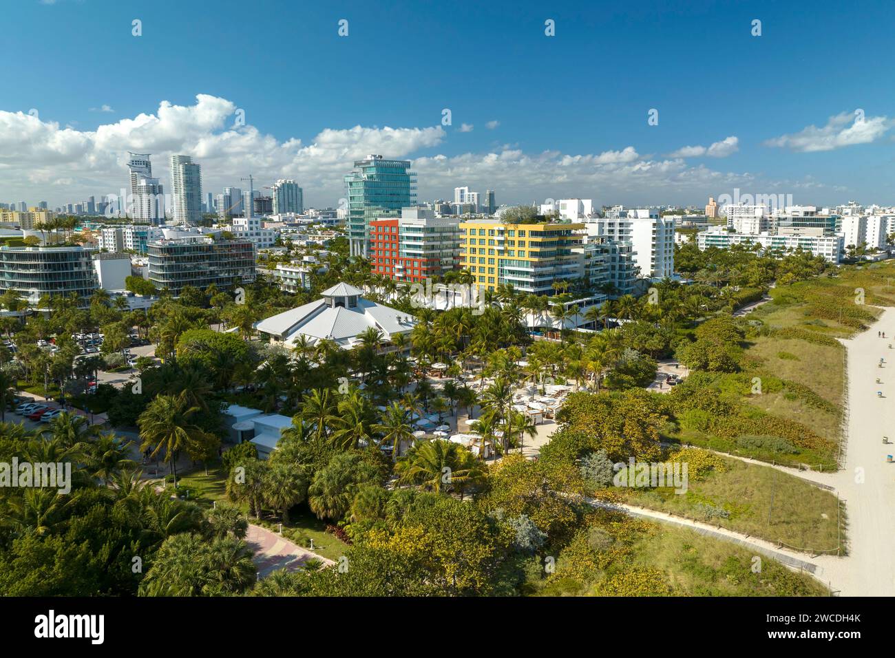 Miami Beach city with high luxury hotels and condos. High angle view of ...