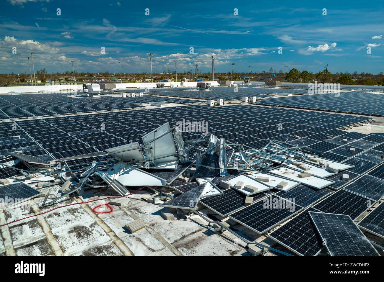 Photovoltaic solar panels destroyed by hurricane strong wind mounted on ...