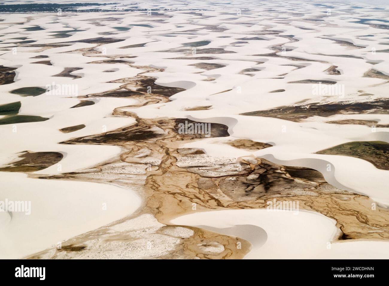 Aerial view of the sand and water dunes in the Lençóis Maranhenses ...
