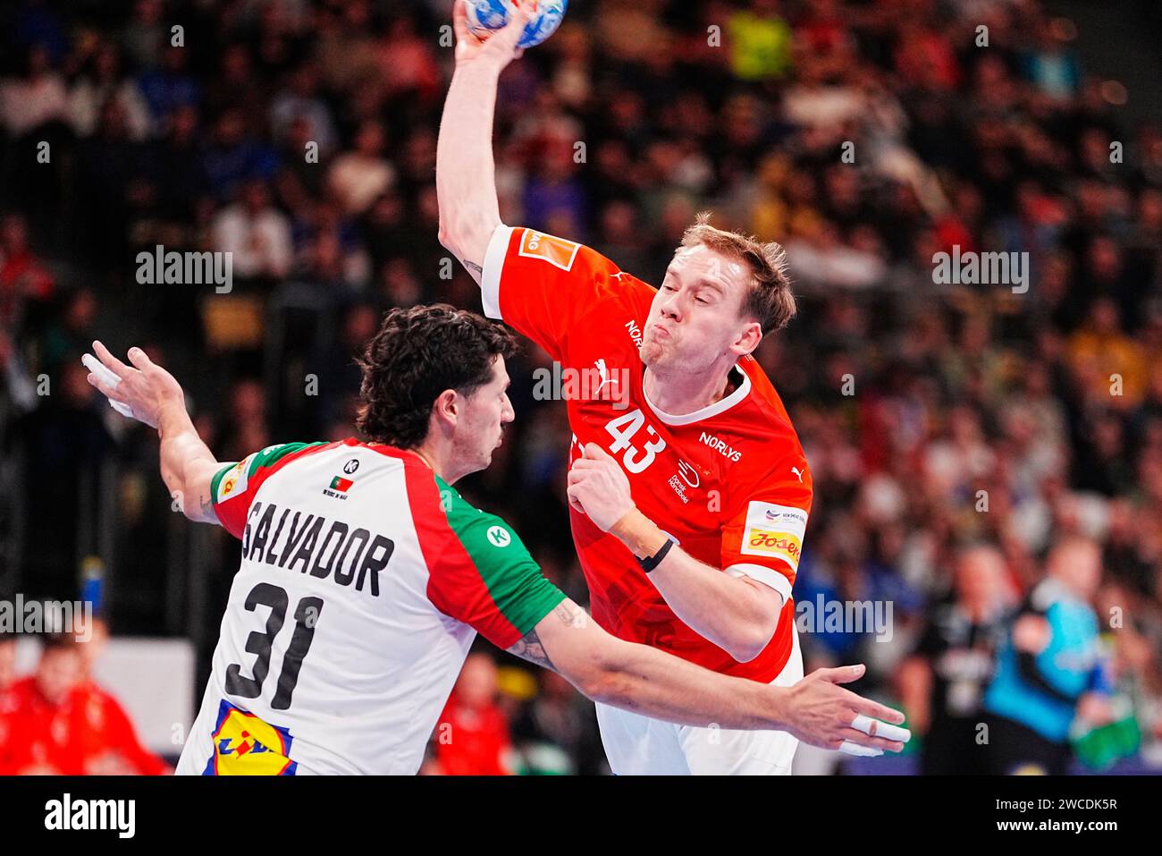 Denmarks Simon Pytlick and Portugals S. Salvador during the mens EHF ...