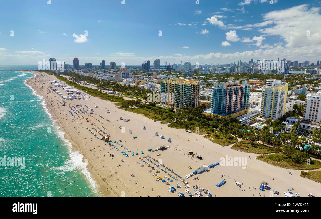 Tourism infrastructure in southern USA. South Beach sandy surface with ...