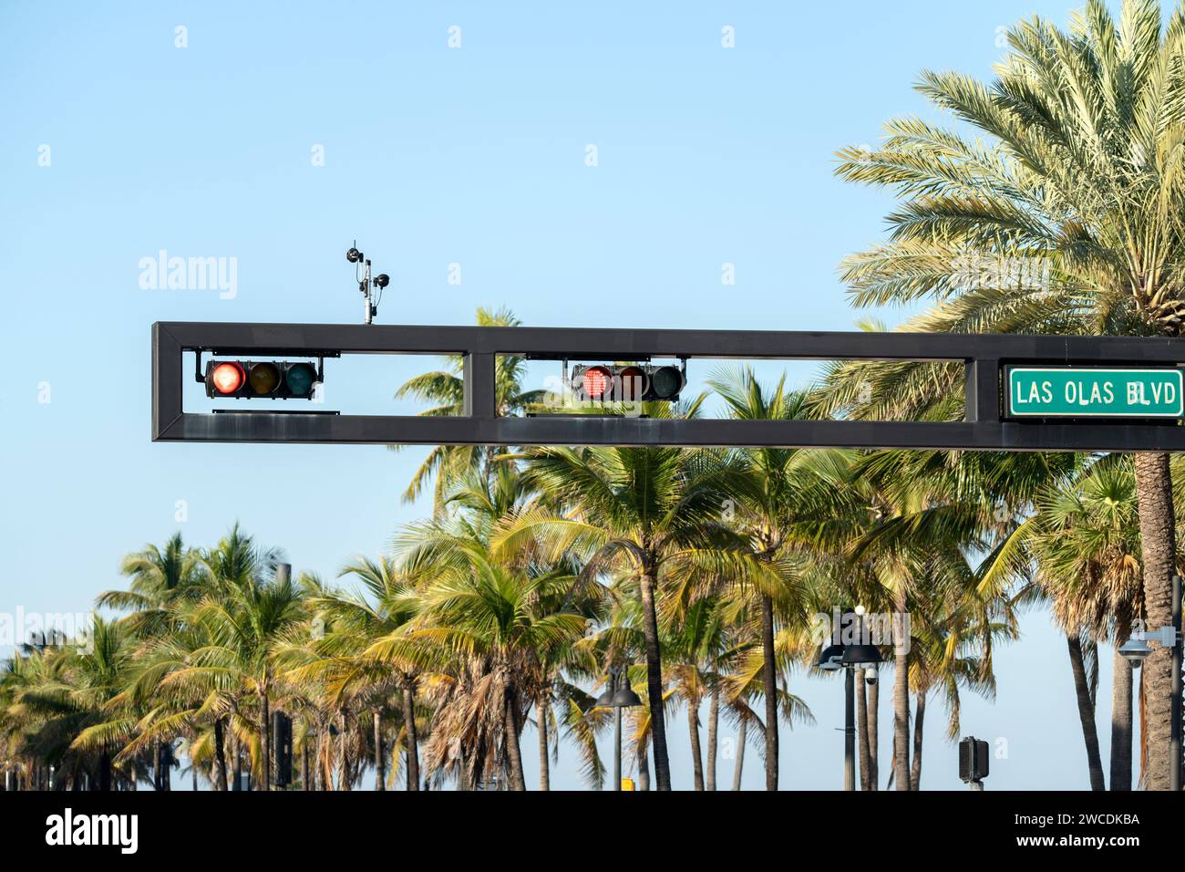 Traffic lights for traffic regulation high above street in Miami ...