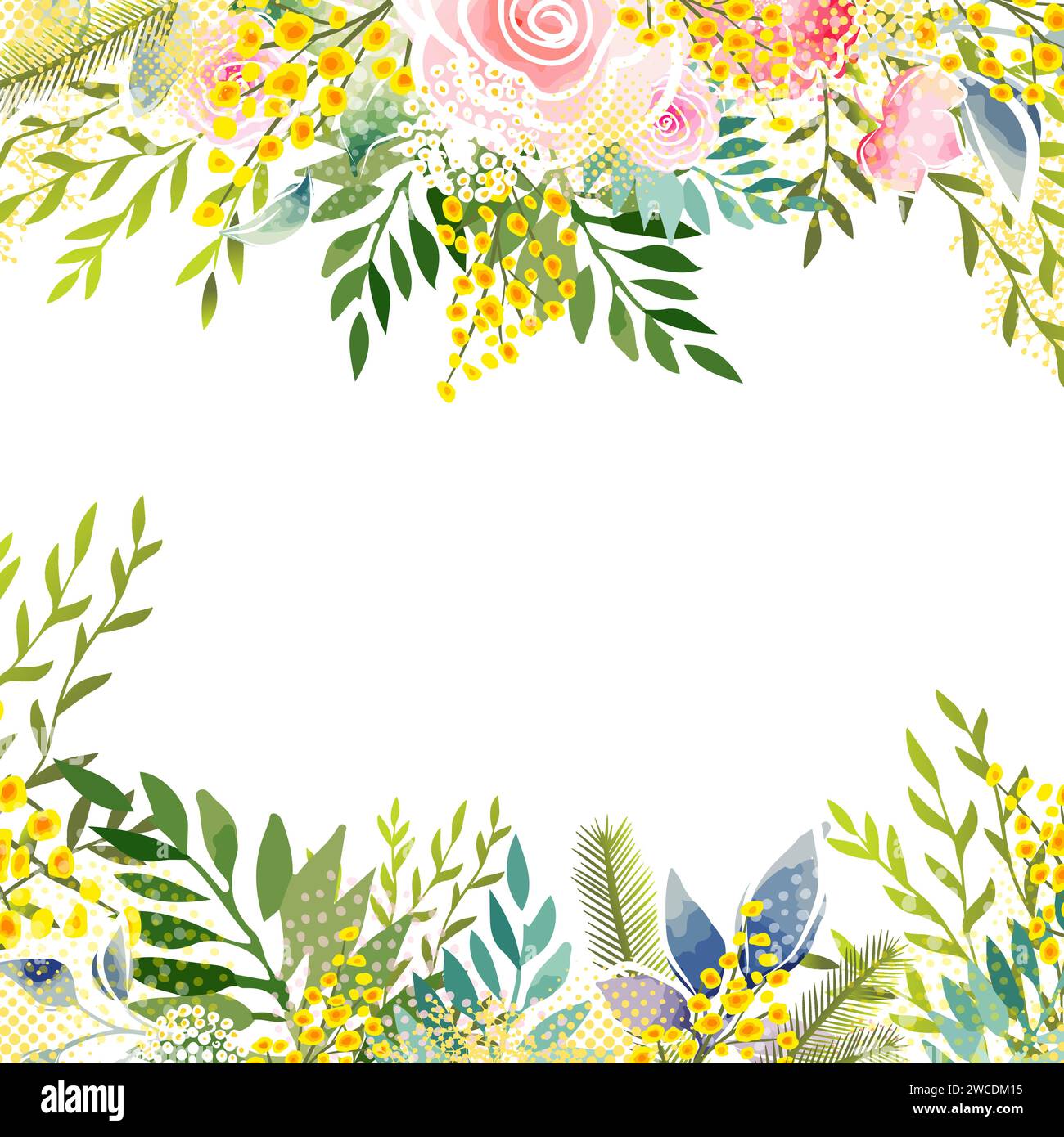 Frame with Yellow mimosa. Spring wreath of the brightest yellow flowers ...