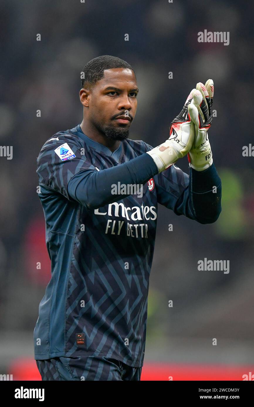 Milano, Italy. 14th Jan, 2024. Goalkeeper Mike Maignan (16) of AC Milan ...