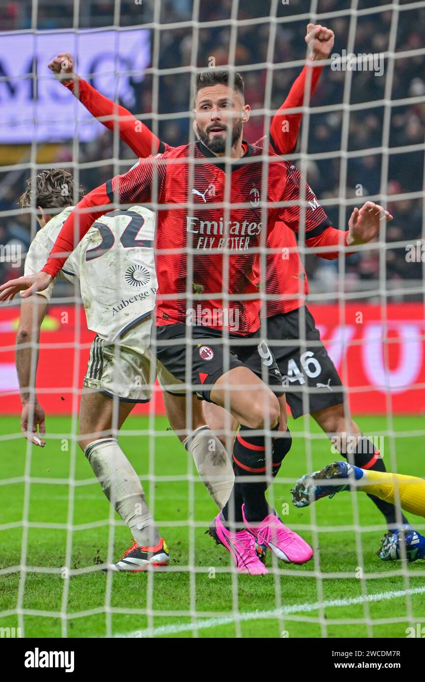 Milano, Italy. 14th Jan, 2024. Olivier Giroud (9) of AC Milan scores ...