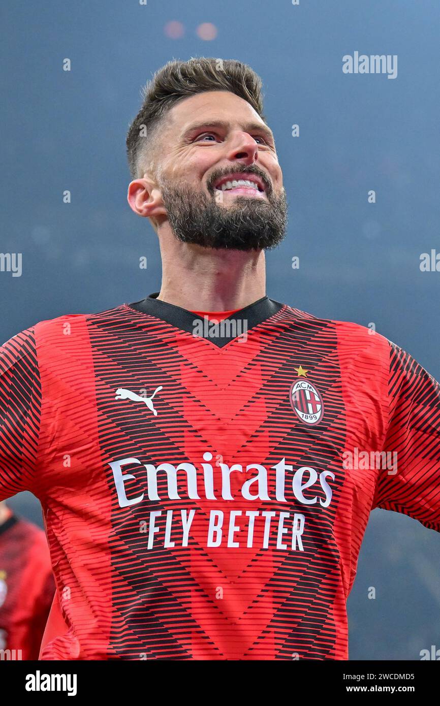 Milano, Italy. 14th Jan, 2024. Olivier Giroud (9) of AC Milan scores ...