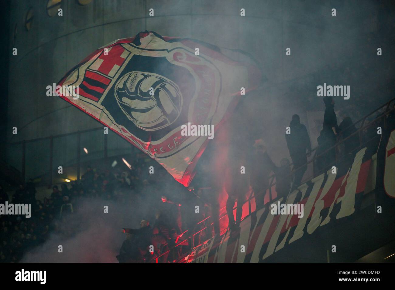 Milano, Italy. 14th Jan, 2024. Football fans of AC Milan seen on the ...