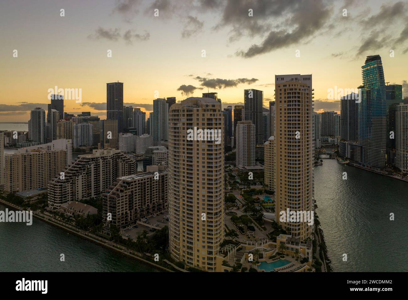 View from above of high skyscraper buildings in downtown district of ...