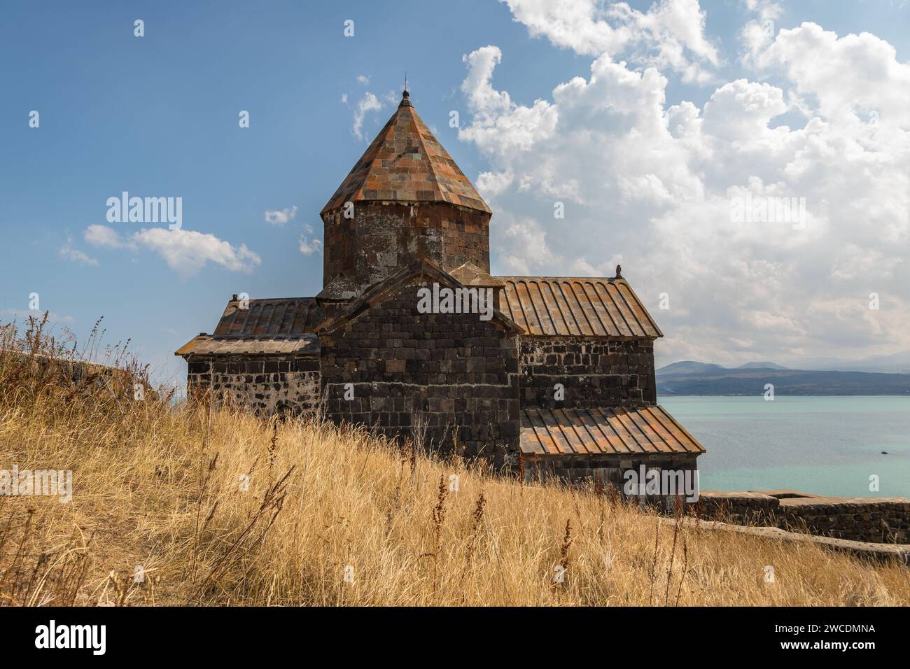 View of the Sevanavank, monastic complex located on the shore Lake Sevan. Surp Arakelots meaning ...