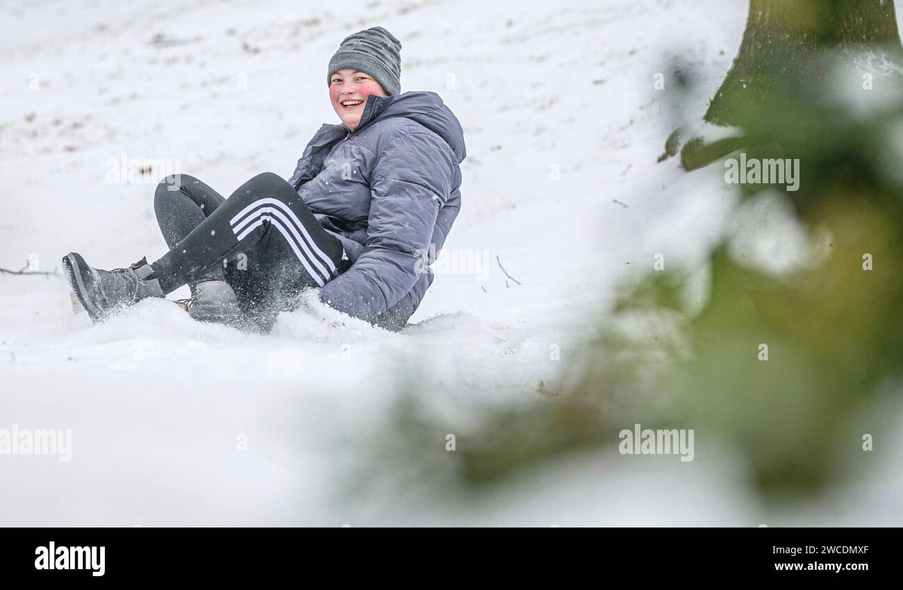 Jenna Starkey sleds on cardboard at the University of North Alabama on ...