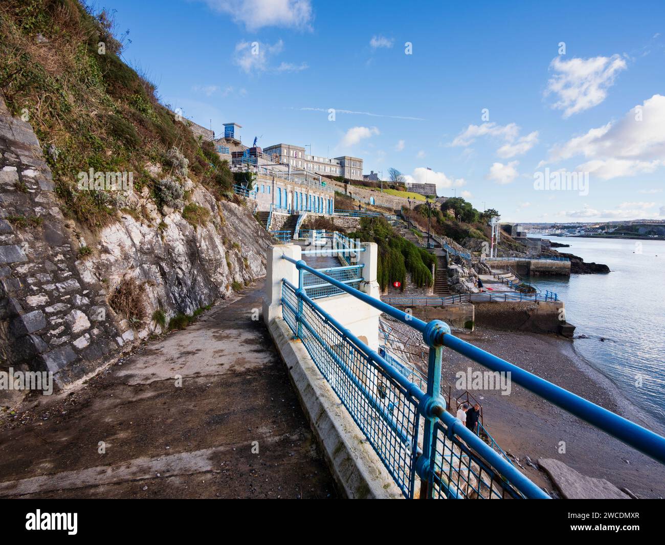 Plymouth Sound foreshore in January sunshine with steps and terraces ...